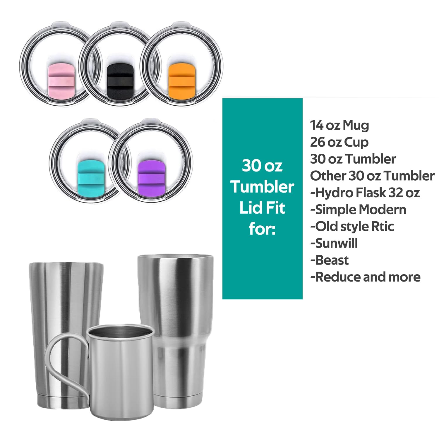 30 oz Magnetic Tumbler Lid for YETI Rambler, Ozark Trail, Old Style Rtic and More, Magnetic Slider Spill Proof Tumbler Cover(5 Pack)