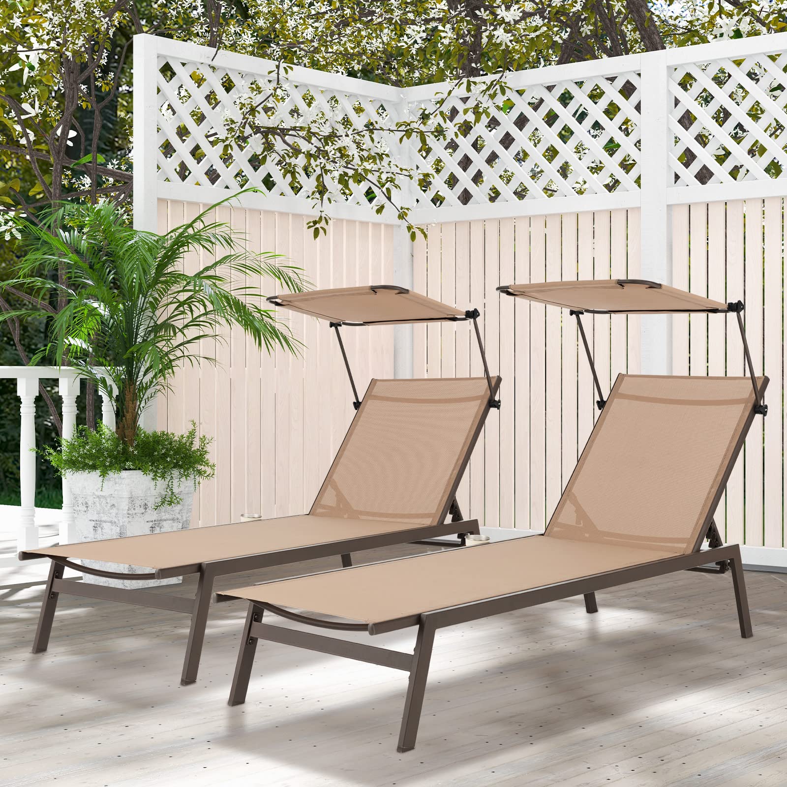 Tangkula Patio Chaise Lounge Chair, Outdoor Recliner with Adjustable Canopy & Cup Holder, 6-Level Backrest, Heavy-Duty Metal Reclining Lounger for Poolside, Backyard (1, Brown)