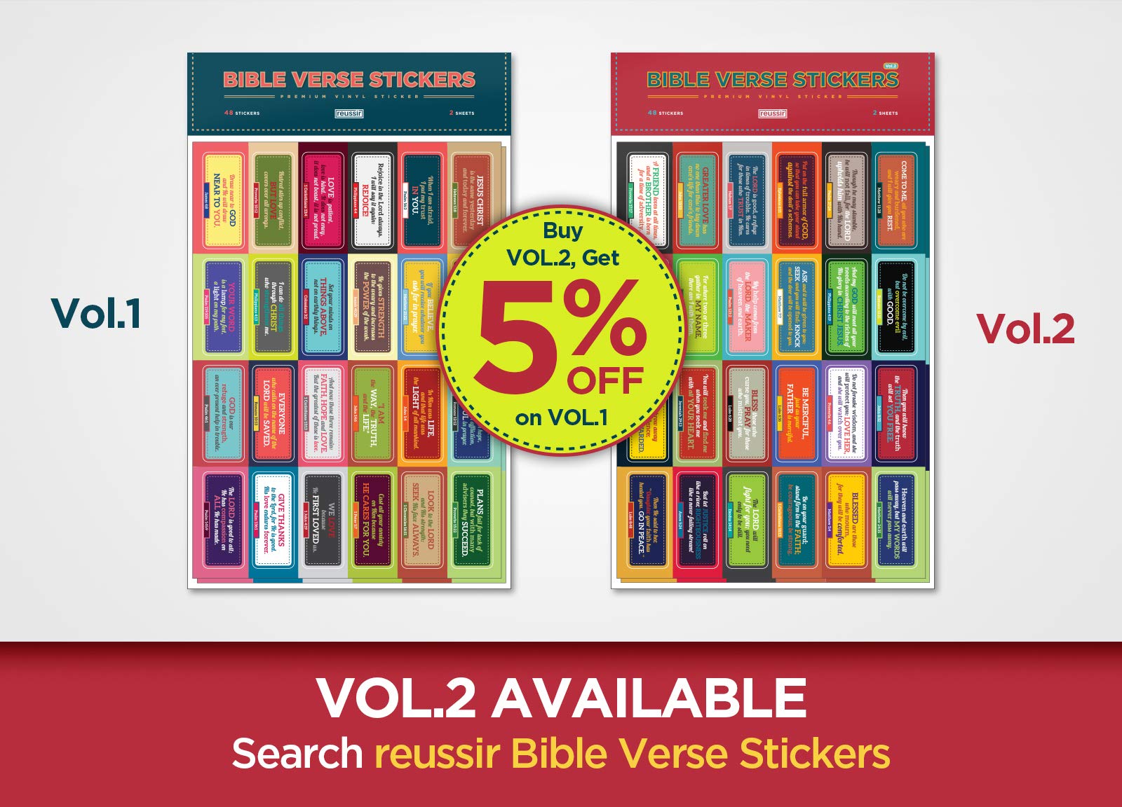 reussir Bible Verse Stickers (Set of 48 Stickers with 24 Inspirational Christian Quotes) 1" x 2.5" Scripture Stickers
