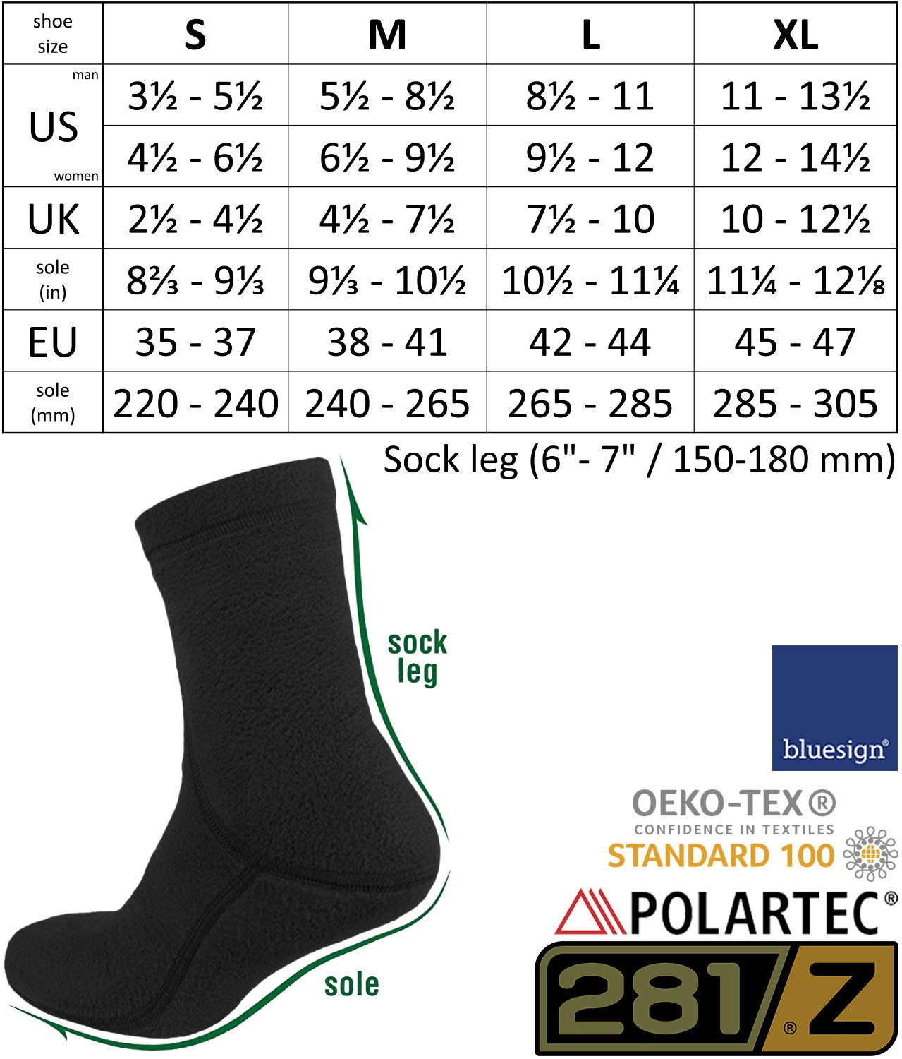 281Z Hiking Warm 6 inch Liners Boot Socks - Military Tactical Outdoor Sport - Polartec Fleece Winter Socks (Large, Black)