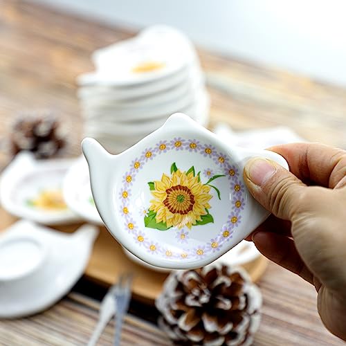 Bicuzat Floral Tea Bag Holder Tea Porcelain Accessories Teapot Shaped Tea Bag Coaster Resting Caddy Saucer 4 Inch/10cm-Sunflower and Daisy Pattern-Set of 10