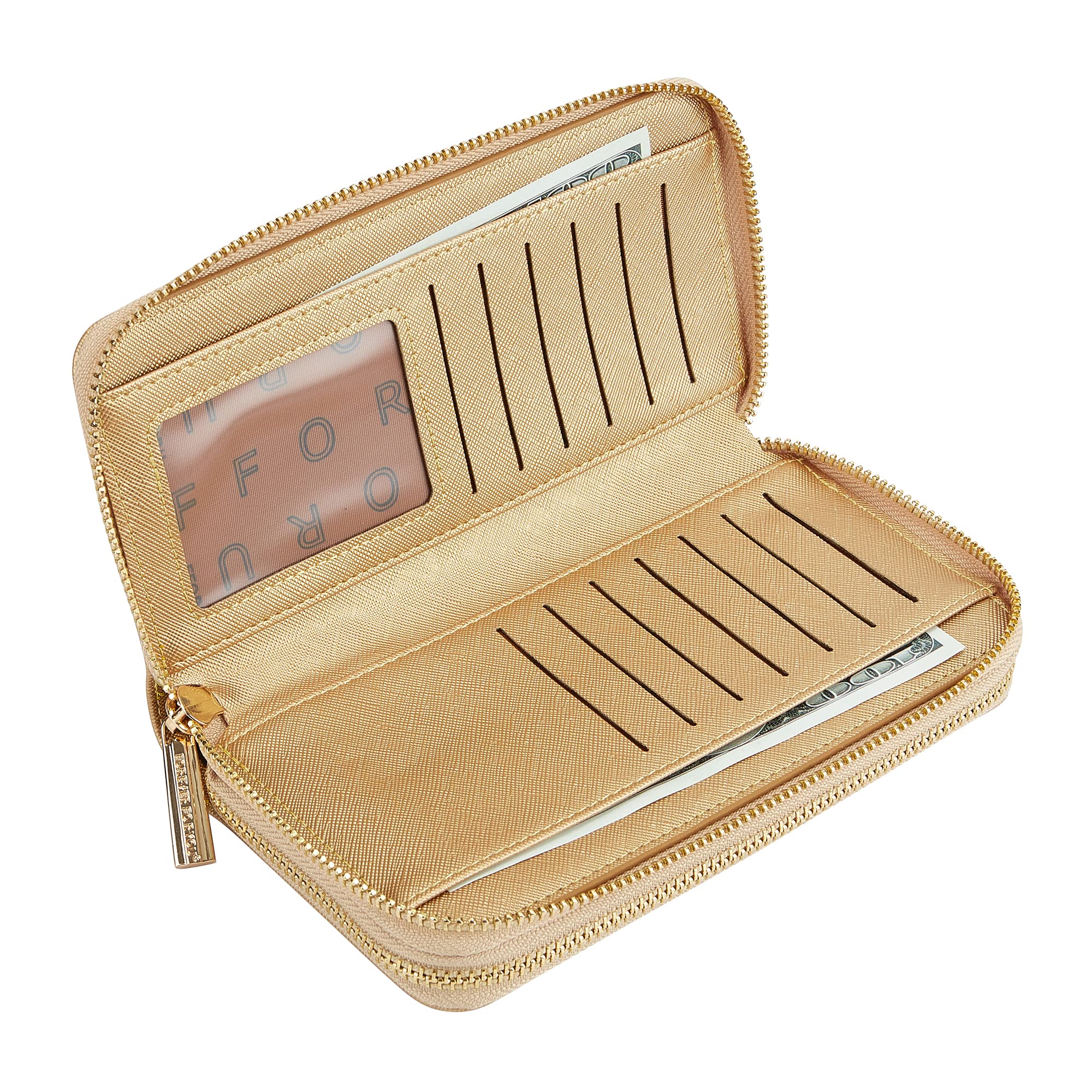 Cynure Women's Large Zipper Card Organizer Long Leather Wristlet Clutch Wallet for Ladies, Gold