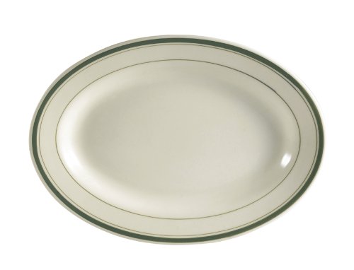 CAC China GS-14 12-1/2-Inch by 8-5/8-Inch Greenbrier Green Band Stoneware Oval Platter, American White, Box of 12