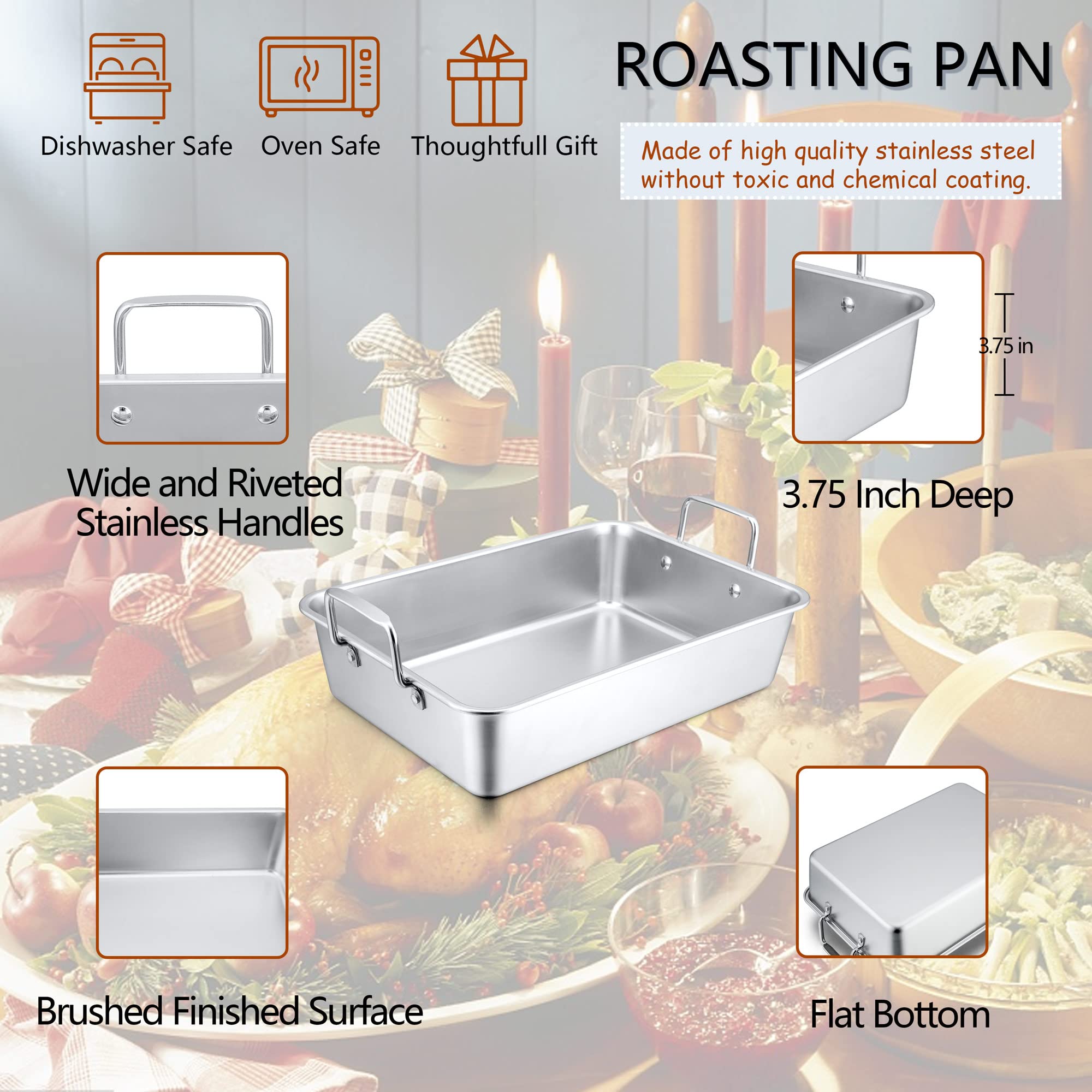 Roasting Pan with Rack Set of 3(Deep Broiling Pan & V-shaped Rack & Flat Cooling Rack), Herogo 14 Inch Stainless Steel Turkey Roaster Pan for Thanksgiving Christmas, Dishwasher Safe