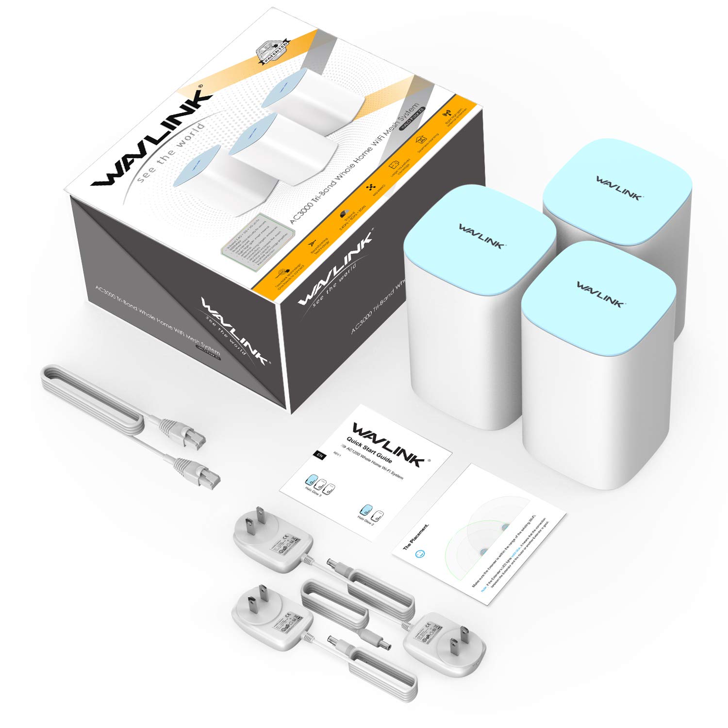 WAVLINK AC3000 Tri-Band Whole Home Mesh WiFi System- 3 Pack Coverage Up to 6,000-7500sq. ft, Support for 60+ Devices, 3xGigabit Ports, Parental Controls