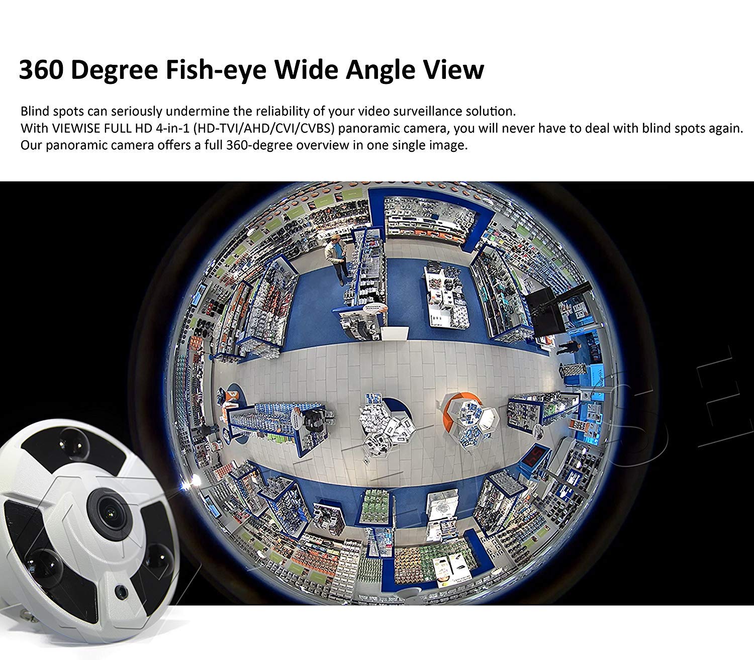 VIEWISE Analog HD 5MP 360 Degree Security Surveillance Camera Fisheye 1.7mm Lens Wide Angle Panoramic Security Indoor Dome Camera 2 in 1 (TVI/AHD) IR 15FT Nightvision DC12V (2592 X 1944)
