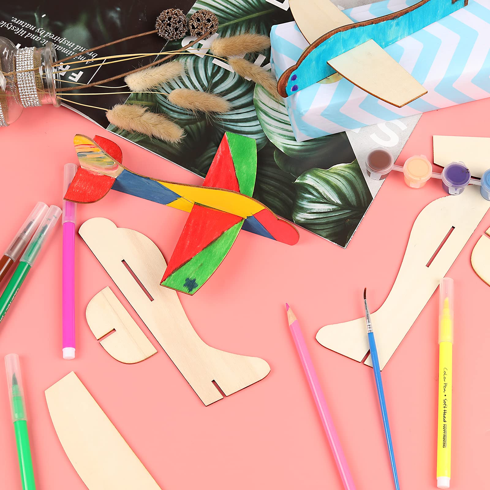 BAPHILE 12 Pack DIY Wood Planes,Mini Airplane Paint and Decorate Wooden Airplane Craft Kits with Decorate Tools for Kids School Craft Decor Projects