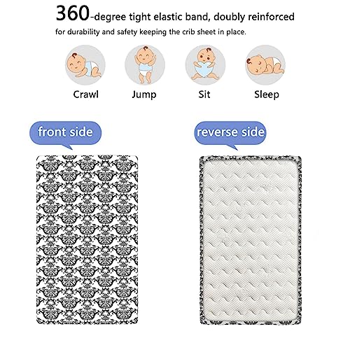 Damask Themed Fitted Crib Sheet,Standard Crib Mattress Fitted Sheet Ultra Soft Material - Great for Boy or Girl Room or Nursery,28β x52β,White Black