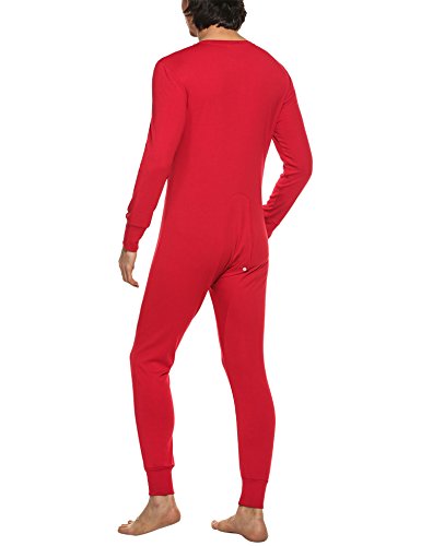 HOTOUCH Round Neck Long Sleeve Onesie Pajamas Solid Button Down Jumpsuit Bodysuit Red XL