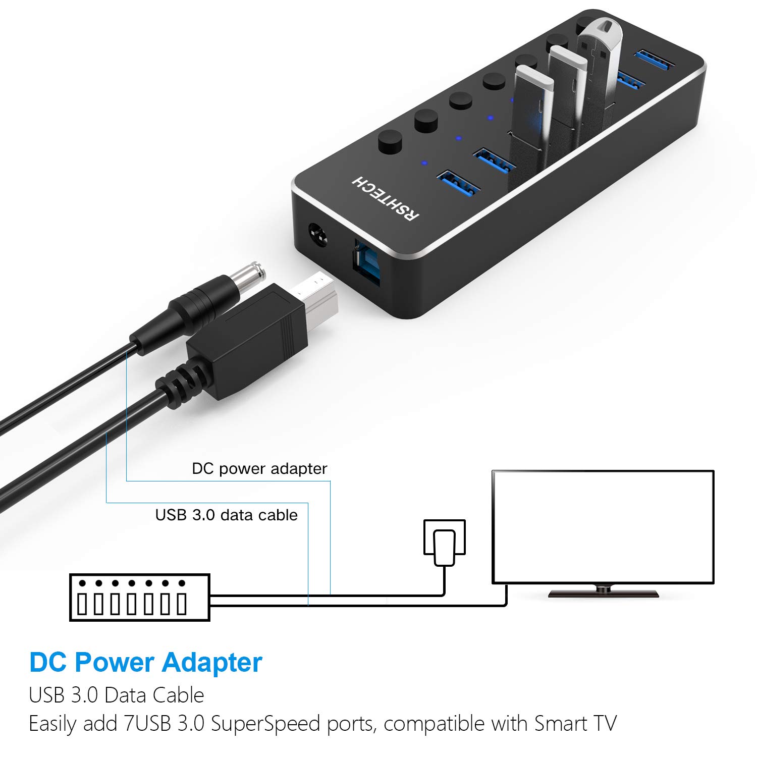 USB 3.0 Hub, RSHTECH 7 Port Powered USB Hub Expander Aluminum USB 3.0 Data Port hub with Universal 5V AC Adapter and Individual On/Off Switches USB Splitter for Laptop and PC(Black)