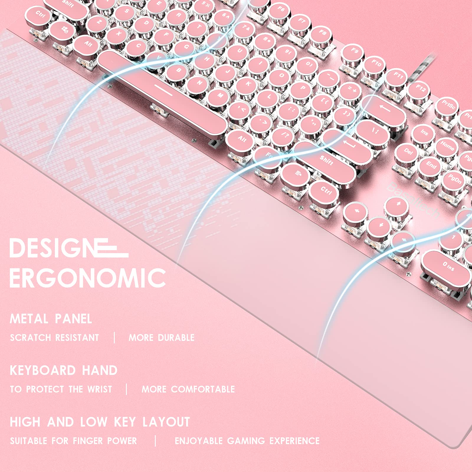 Basaltech Typewriter Keyboard and Mouse Combo, Pink Gaming Keyboard with White LED Backlight, Round Keys Blue Switch Mechanical Keyboard with Magnetic Removable Wrist Rest for Game and Office