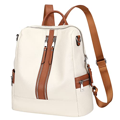 ALTOSY Genuine Leather Backpack Purse for Women Convertible Shoulder Bag Crossbody Bag with Laptop Compartment(S77 White/Brown)