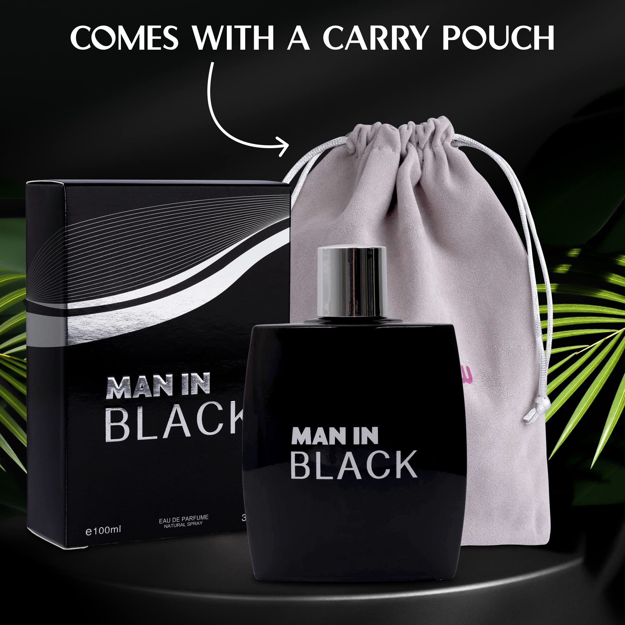 NovoGlow Man in Black for Men - Luxurious Aroma in Each 3.4 fl Oz Black Glass Bottle - Top Notes of Bergamot and Pineapple Formulated with Essential Oils - Fantastic Gift Choice - Grey Suede Pouch