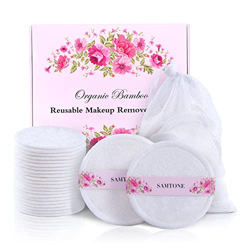 Samtone Reusable Makeup Remover Pads 20 Pack with Laundry Bag and Gift Box – 100% Organic Face Cleansing Reusable Cotton Rounds for Toner, Washable Eco-Friendly Bamboo Cotton Pads for All Skin White