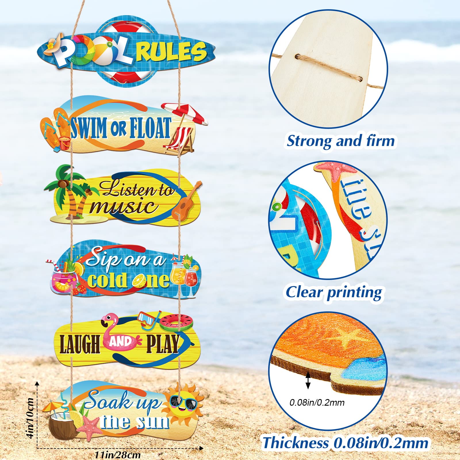 6 Pack Wooden Pool Rules Signs 4 x 11 Inch Summer Slippers Hanging Wooden Sign Outdoor Decorations for Swimming Pool Decor, Assemble by Yourself