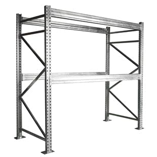 Shelving Inc. 48"d x 144"w x 96"h - 2-Tier Galvanized Teardrop Pallet Rack Starter Unit, No Decking, 6-1/2"h Beams, Weight Capacity 7160lbs Per Level