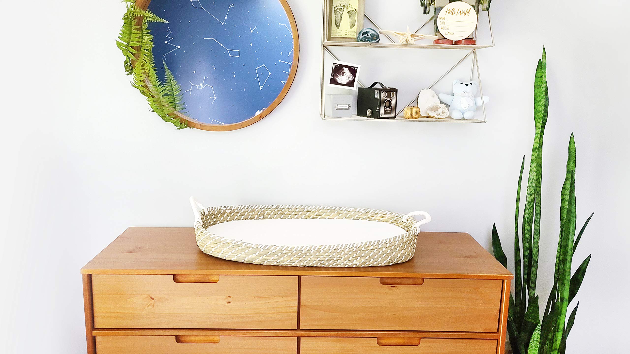 Seagrass Baby Changing Basket, Handmade with Waterproof Cover to Minimize Messes and Extra Thick Padding - Extra Newborn Birth Announcement Wood Disc