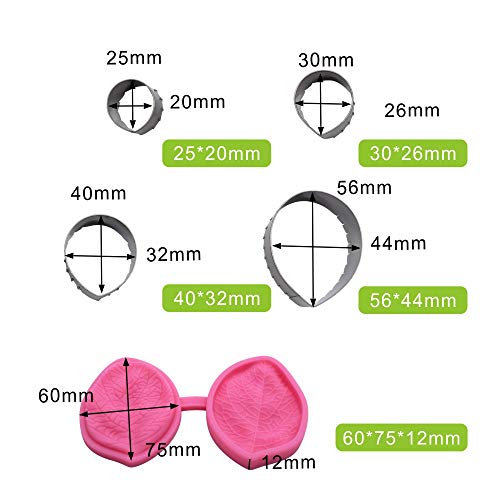 AK ART KITCHENWARE Fondant Leaf of Rose Silicone Veiner Molds Stainless Steel Cutters Set Sugarpaste Tools Cake Decorating Tools (Sawtooth Leaves)