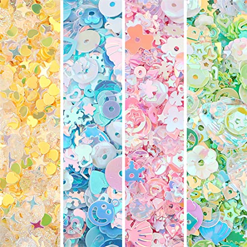 Decoendiy 6 Pack Mixed Shaped Glitter Flakes, Chunky Sparkle Sewing Glitter, Heart Star Seashell Shiny Slices with Hole, for Sewing Embellishment Accessories DIY Crafts Arts (Purple)