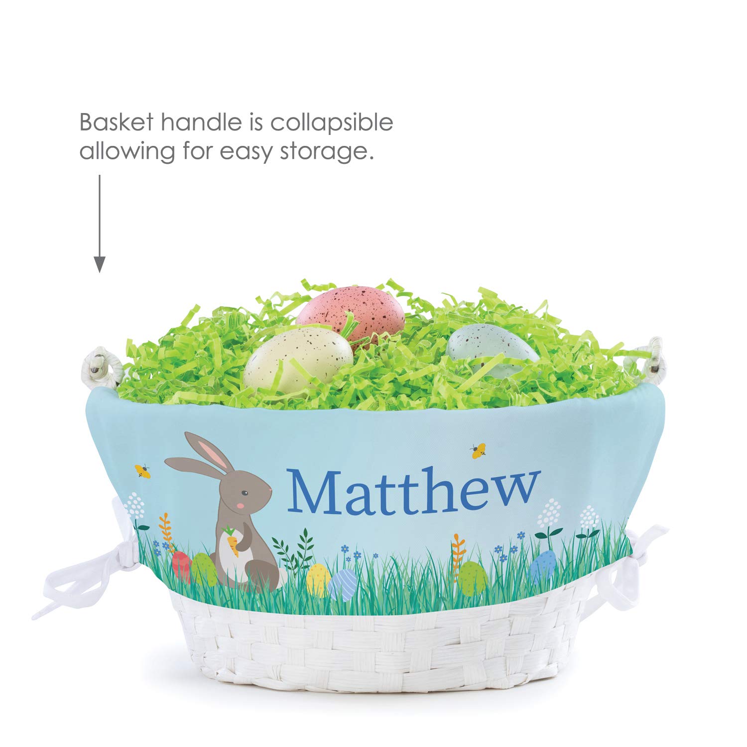 Personalized Meadow Easter Egg Basket with Handle and Custom Name | Boy Bunny Easter Basket Liners | White Basket | Woven Easter Baskets for Kids | Customized Easter Basket | Gift for Easter