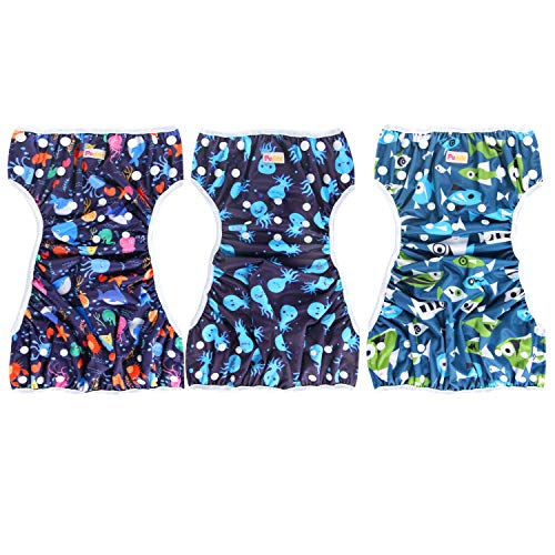 Pedobi Reusable Baby Swim Diapers, Adjustable Diaper Swim for Toddlers 9 Months - 3 Years Old, 3 Pack for Swimming Lessons (Sea World, Large)