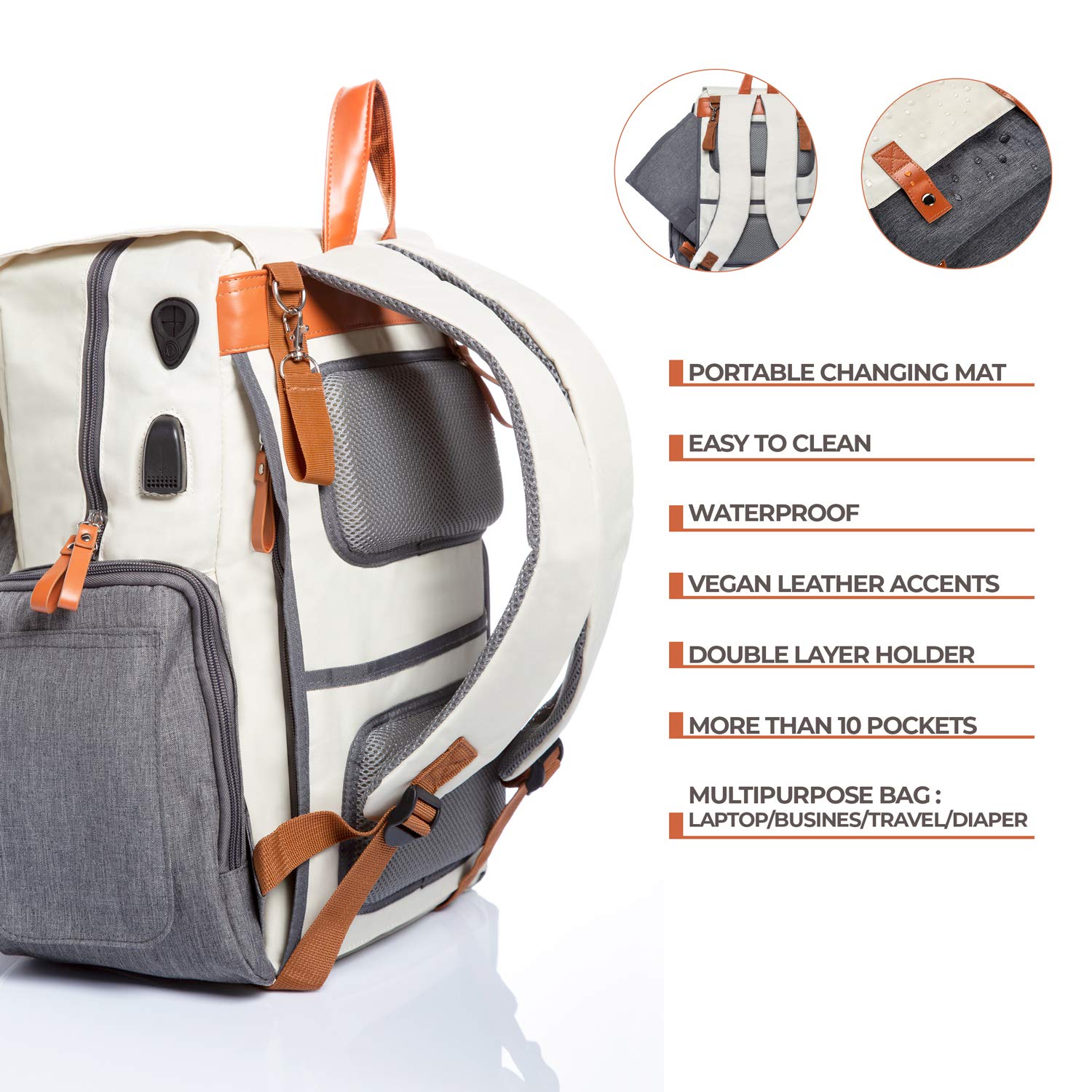 GISEMAI Phoenix Diaper Bag Backpack with Back Support, Wipes Dispenser, USB Charging Port, Stroller Straps & Changing Pad… (Beige)