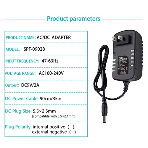 Snsnlent 9 Volt 2A Power Adapter Supply 9V 2A 18 Watt LED Power Supply Transformer 2.5 X 5.5mm Plug Wall Adapter(Polarity: Inner + and Outer -)