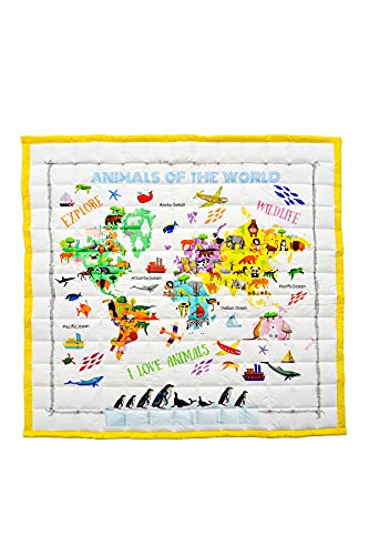 Baby Play Mat, Animals of The World, 60x60 Inches 100% Cotton Machine Washable