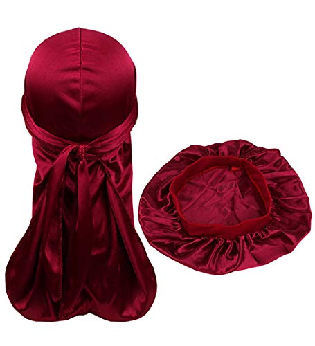 Durags and Bonnets 2pcs Set Suitable Men and Women Long Tail Silky Doo rag (Burgundy)