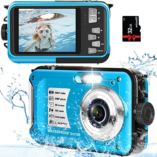 32GB 10FT 30MP FHD 1080P Compact 16X Digital Zoom Underwater Digital Camera for Snorkeling, Blue