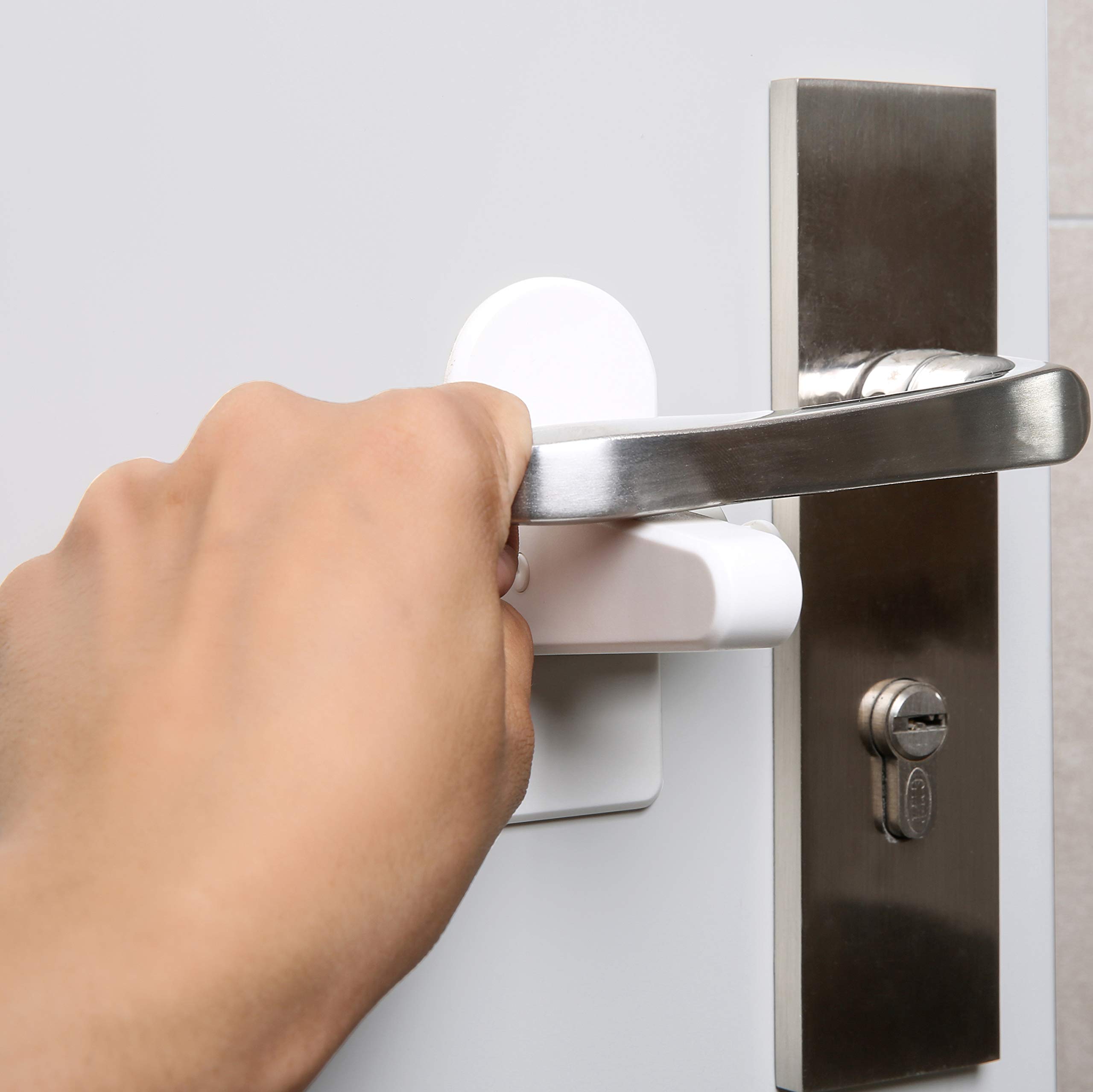 4 Pack Child Proof Door Lever Lock Prevents Toddlers from Opening Doors - One Hand Opertaion Adhesive Baby Proofing Door Handle Safety Locks for Kids