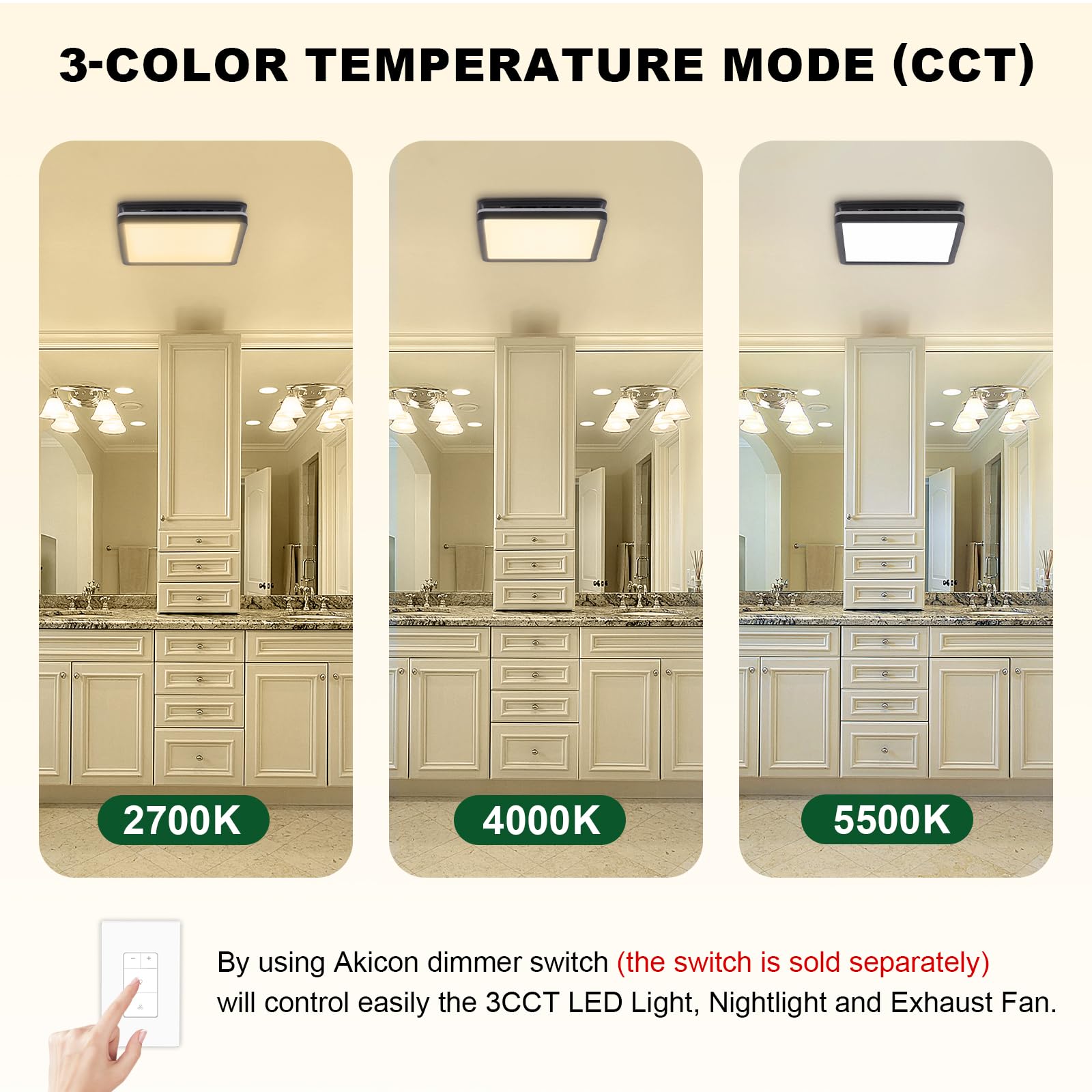 Akicon Bathroom Exhaust Fan with Light, 80CFM 2.0 Sones Exhaust Fan for Bathroom Ceiling, 15W Dimmable 3CCT LED Lights & 3.5W Nightlight Bathroom Vent Fan for Home, Square, Black
