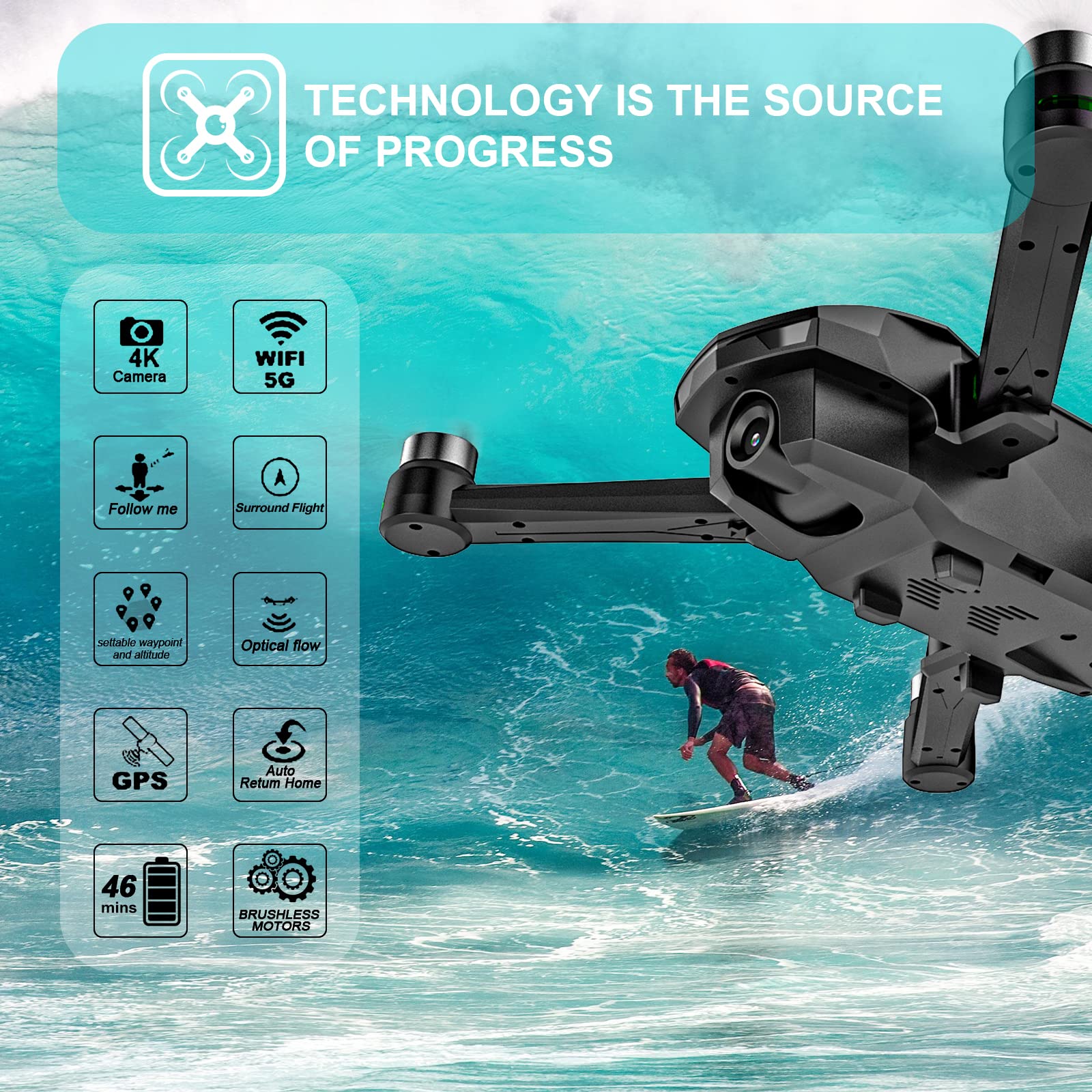 UNTEI Drones with Camera for Adults 4K, GPS Auto Return Home, Optical Flow Positioning, Brushless Motor, Headless Mode, 46Mins Flight Time