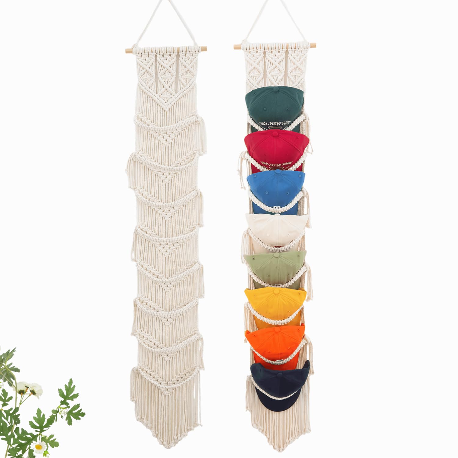 RUIZHIXUAN Macrame Cap Holder, Boho Hats Organizer for Baseball Caps, Hat Rack for Wall Hanging Decoration, Cap Rack for Collection Display, Handmade Cap Hanger Storage Organizer (Eight hats)