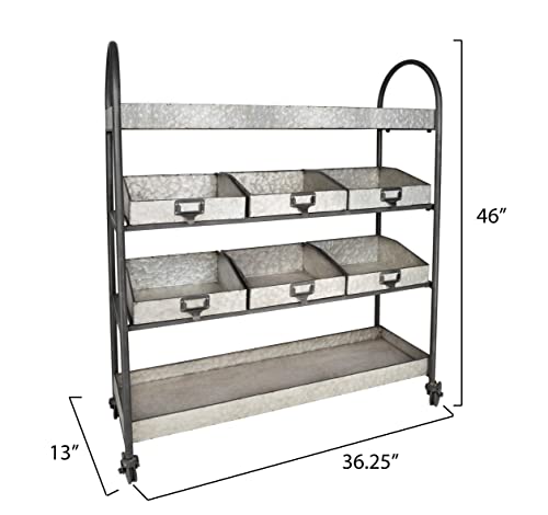 Creative Co-Op Metal 4 Tier Cart on Casters with 2 Open Shelves & 6 Bins,Grey