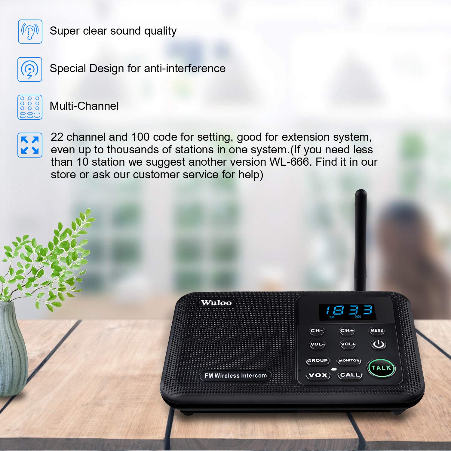 Wuloo Intercoms Wireless for Home 1 Mile Range 22 Channel 100 Digital Code Display Screen, Wireless Intercom System for Home House Business Office, Room to Room Intercom Communication(2Stations,Black)