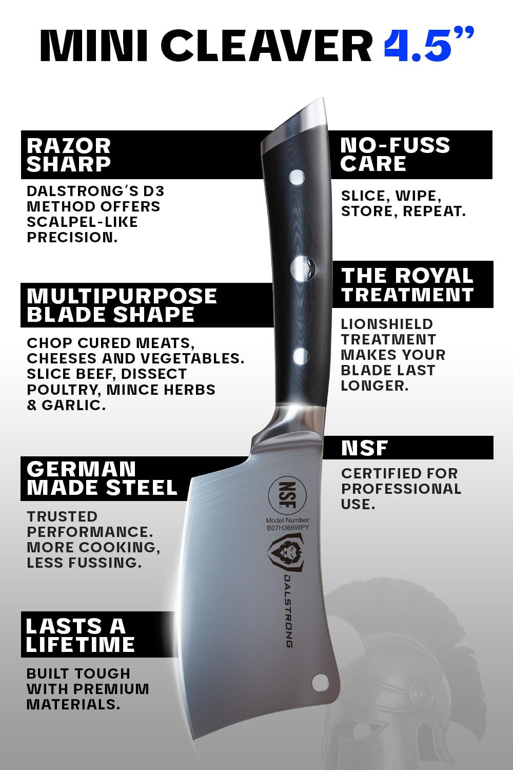 Dalstrong Meat Cleaver Knife -4.5"- Gladiator Series Elite-Heavy Duty Giftable Kitchen Knife - Black Handle-Razor Sharp Knife-Forged High Carbon German Steel -w/Sheath-NSF Certified