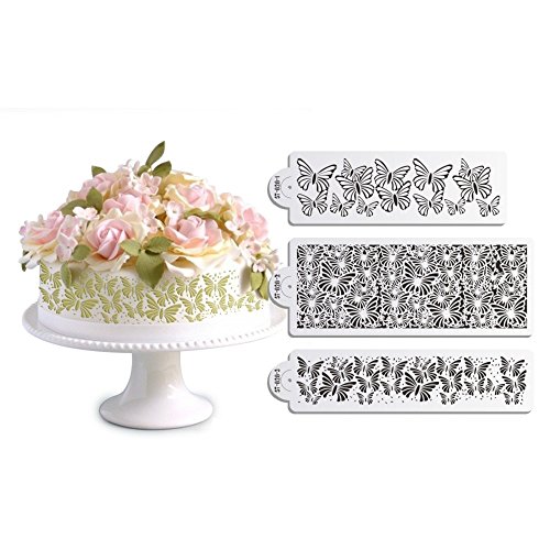 ART Kitchenware 3pcs/set Butterflies Stencil for Cake Side Decoration Fondant Wedding Cake Decorating Stencil Mold Icing Royal Stencil Tool ST-828 Beige/Semi-Transparent