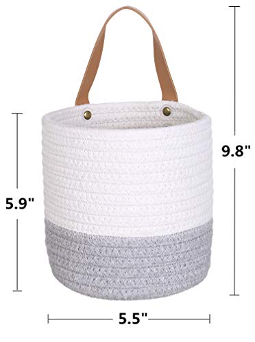 2pack Small Hanging Basket-Cotton Rope Wall Basket with Handle, Hanging Storage Basket, Shelf Baskets Storage Bin Closet Organizer 6"×6.3", Woven Plant Basket - (White & Grey)