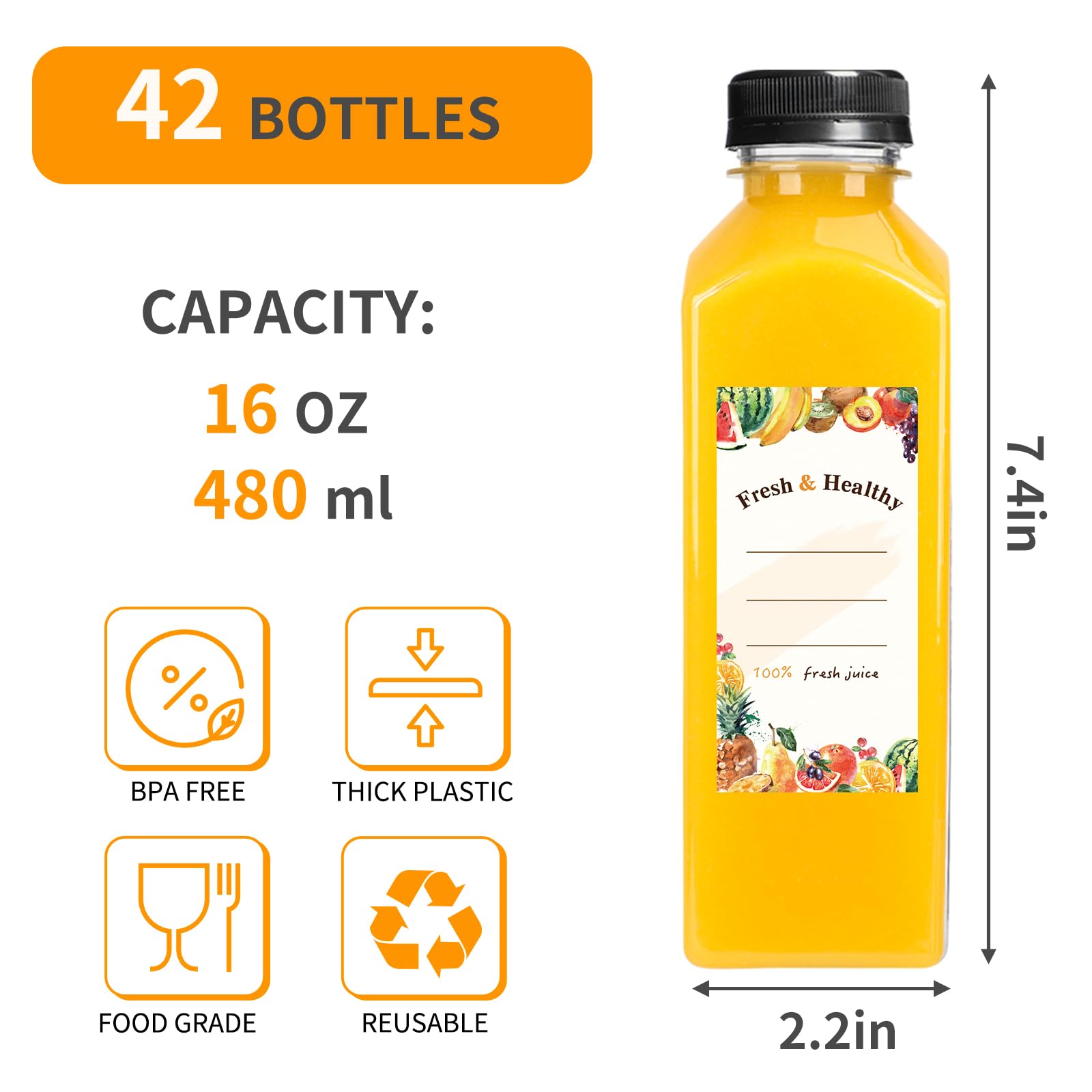 Moretoes 42pcs 16oz Plastic Juice Bottles with Caps, Refrigerator Juice Container with Lid, Reusable Container and Clear Beverage Bottle Can Hold Juice, Smoothies, Milk