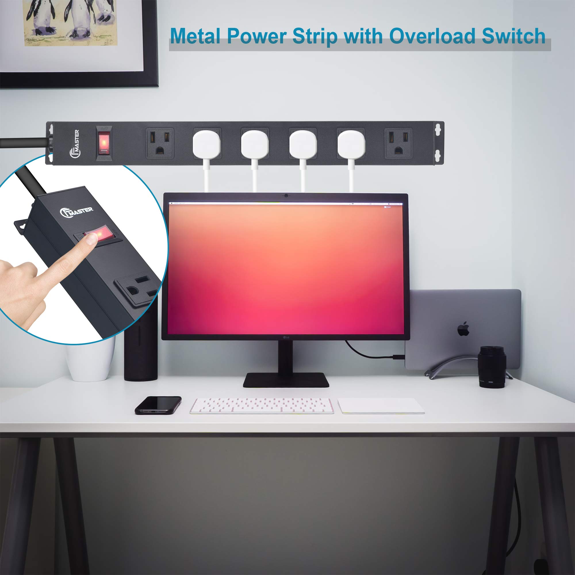 Aluminum Alloy Metal Shell Power Strip, Overload Protection, 6FT 14AWG Extension Cord, 6 Outlets with Large spacing Jacks, Suitable for Factory, Black, Specification: 15A/125VAC/1875W/60Hz