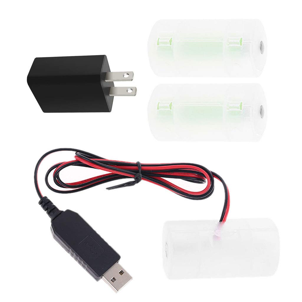 S-YUWEN 2m 1.5V 3V 4.5V 6V LR20 D Cell Battery Eliminator with US Plug USB Power Adapter 2m Cable Replace 1 to 4pcs 1.5V LR20 D Size Battery