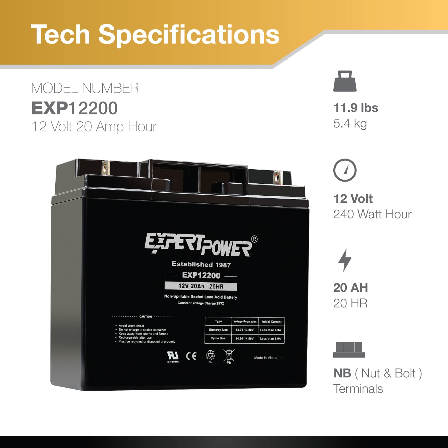 ExpertPower (4 Pack) 12 Volt 20 Ah Rechargeable Battery [EXP12200]