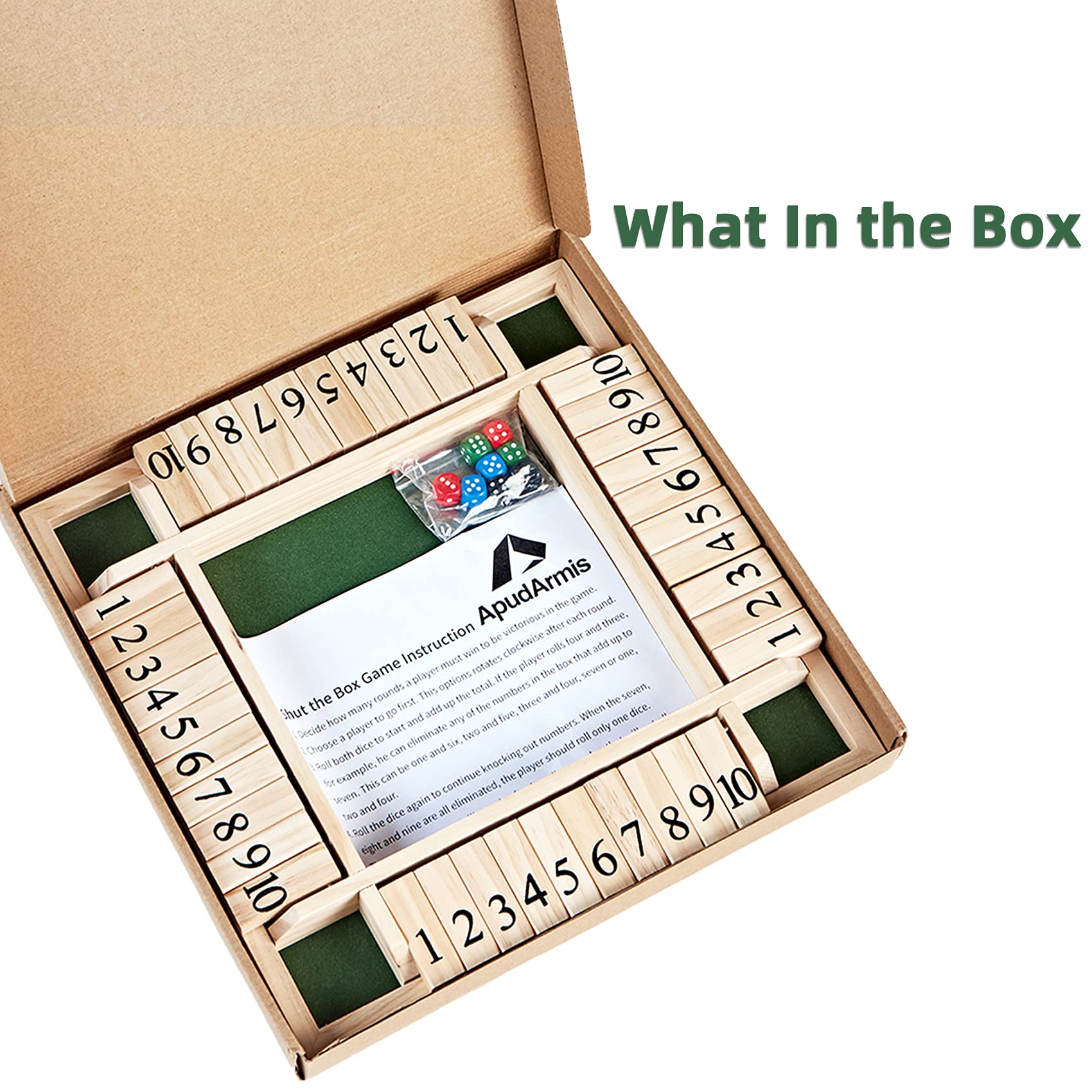 ApudArmis 4-Way Shut The Box 14 Inches, Large Wooden Board Game Set with Dice, Shut-The-Box for Kids & Adults - Learning Addition Classroom Home Party Pub