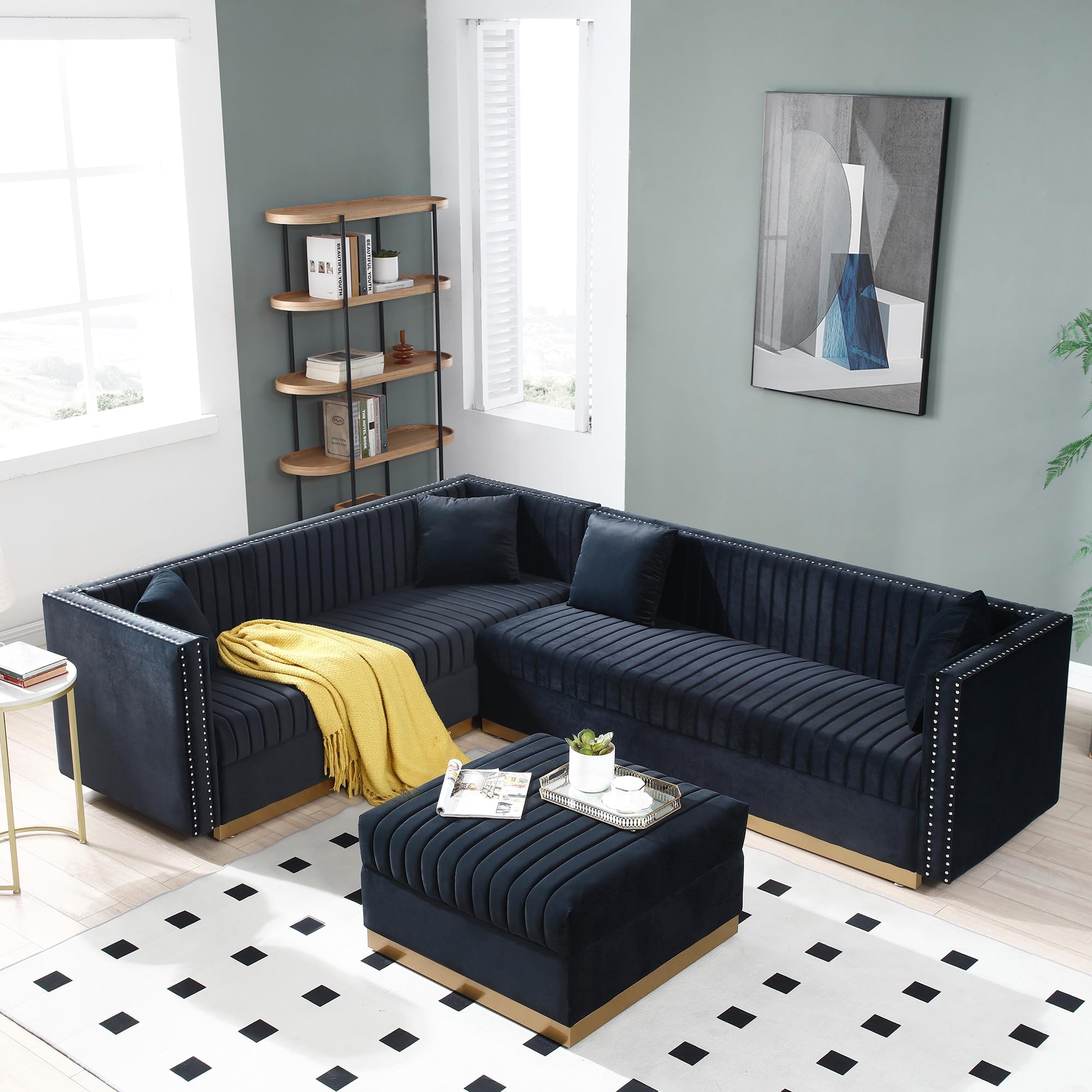 Holaki Vintage Glamour Channel Tufted Velvet SectionalSofa,Modern Upholstered 5 Seater Corner Couch,Solid Wood Frame Accent Sofa Sets for Living Room with Nailhead Trim,Ottoman and 4 Pillows(Black)