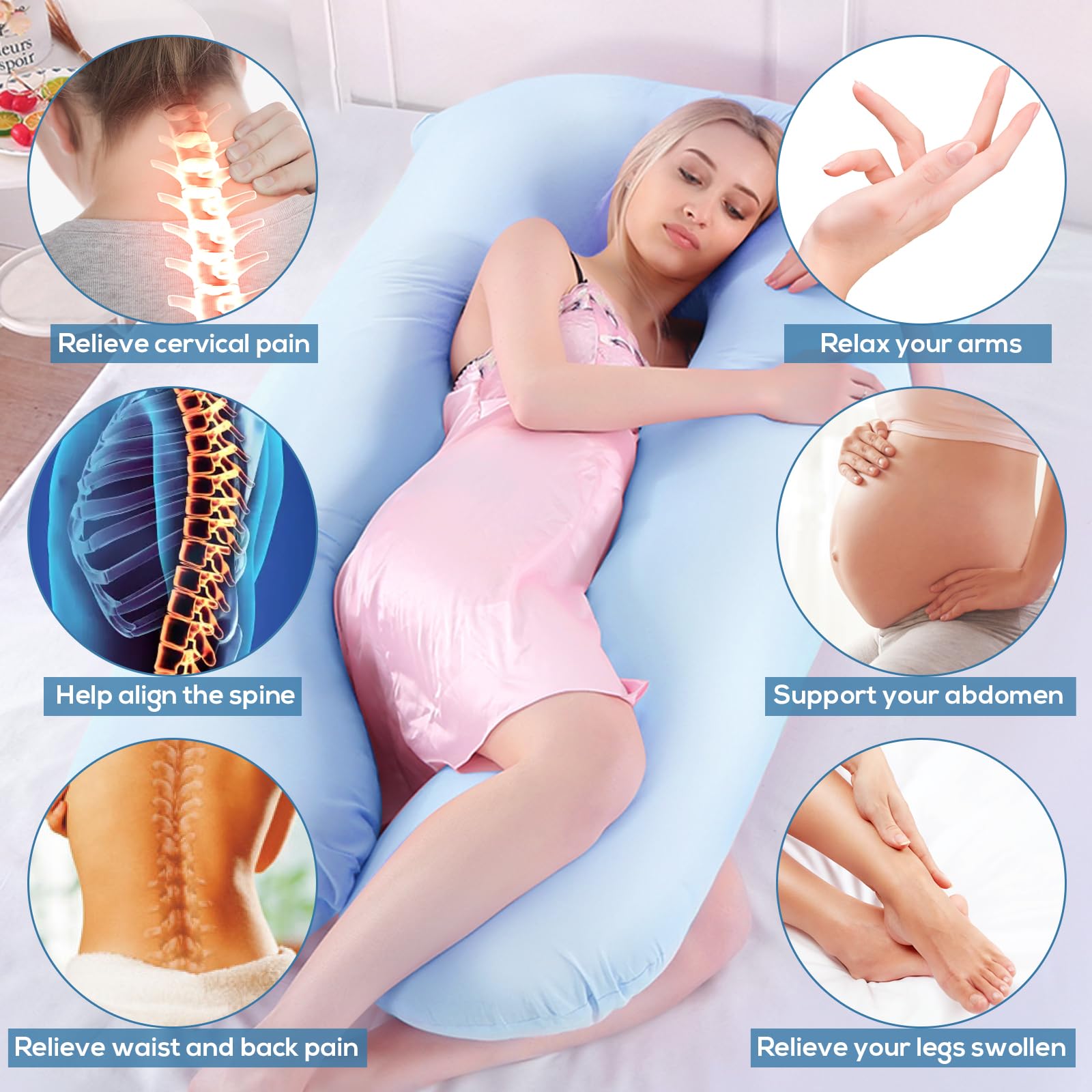 Tree.NB Full Body Pregnancy and Kid U Shape Pillow for Maternity and Pregnant Women, Blue (130 * 70 * 15CM)