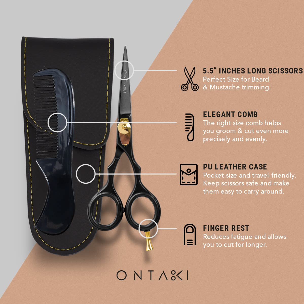 Ontaki 5.5" Beard & Hair Trimming Scissors - Professional Japanese Steel Hand-Forged Barber Shears for Mustache, Bangs, Men, Pets (Gold & Black) - Hair Scissors
