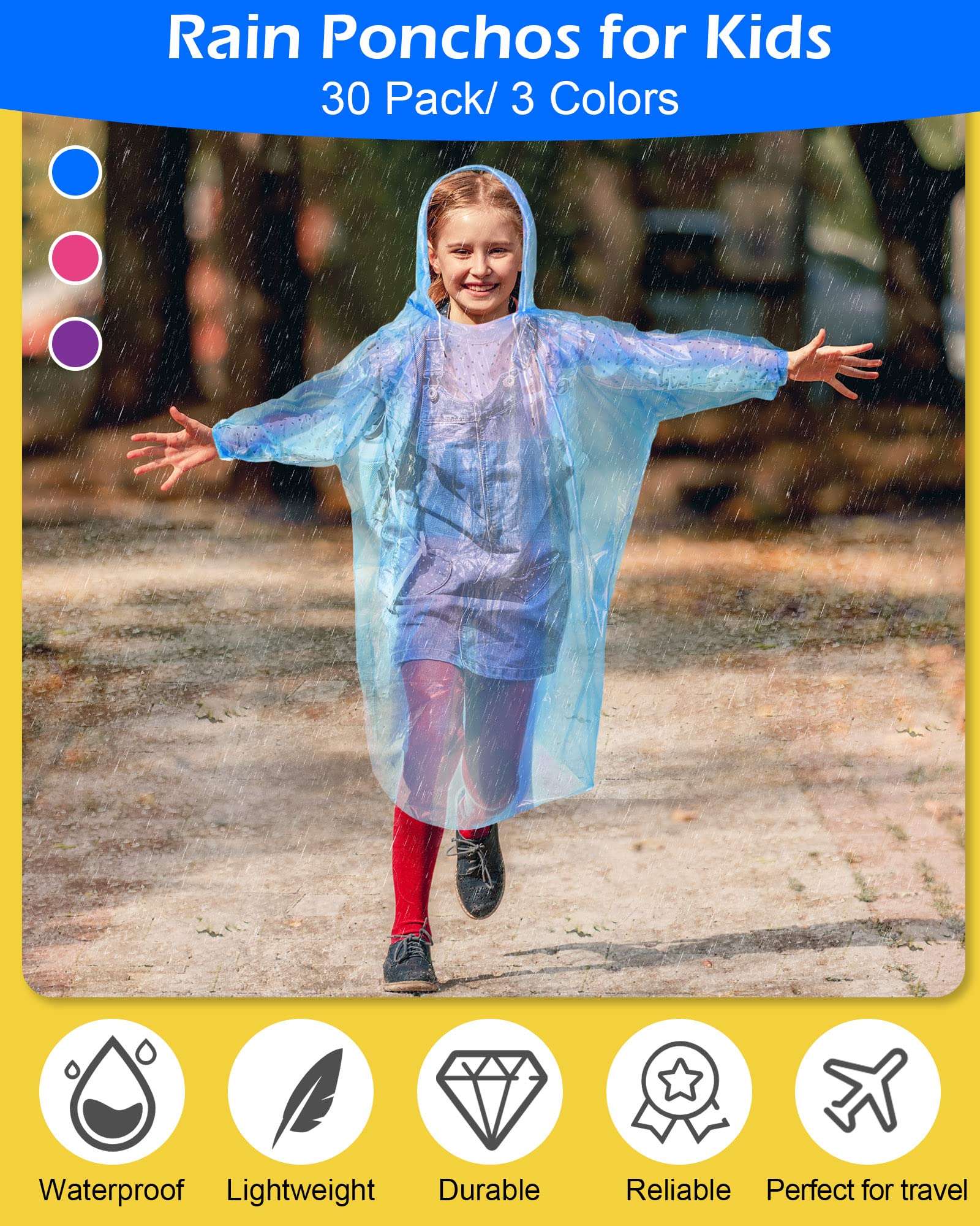 30 Pcs Kids Rain Ponchos Bulk Disposable Rain Ponchos for Kids Emergency Ponchos Disposable Ponchos Pack (Pink, Purple, Blue)