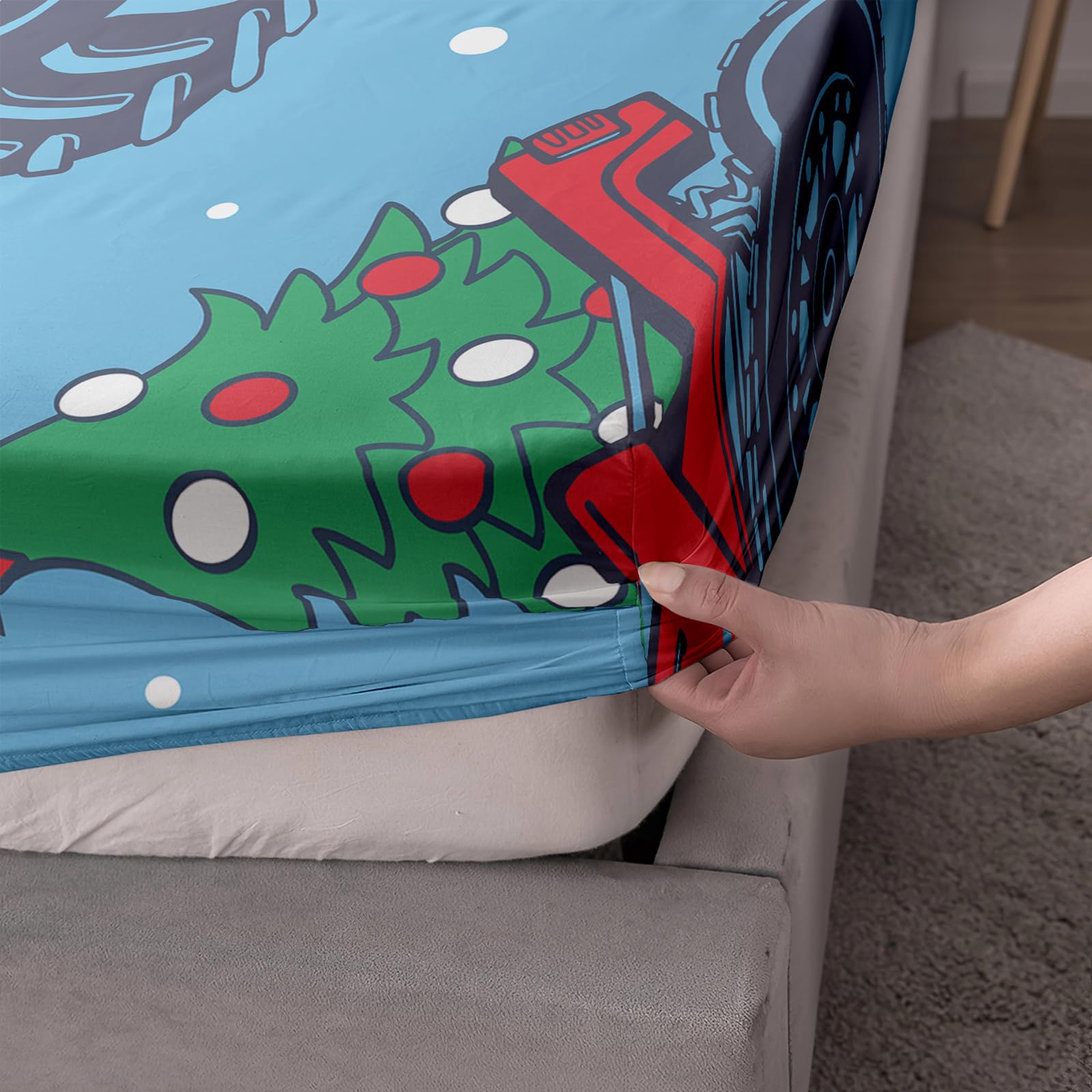 QOOMO Truck Sheets Set Twin Size, Kids Sheets Set Set,Christmas Tree Truck Printing Bedding Ultra Soft,Ultra Sheets Set Twin Size 1 Fitted Sheet, 1 Flat Sheet, 2 Pillow Cases