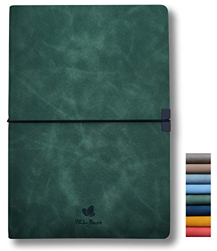YRL Best Writing Journal Notebook, College Ruled/Lined, A5, 5.8x8.3”, Premium Faux Leather Soft Cover, Fine Thick Paper, Sewn Bound, Inner Pocket, Elastic Closure Wrap, Pen Loop, Lays Flat, Green